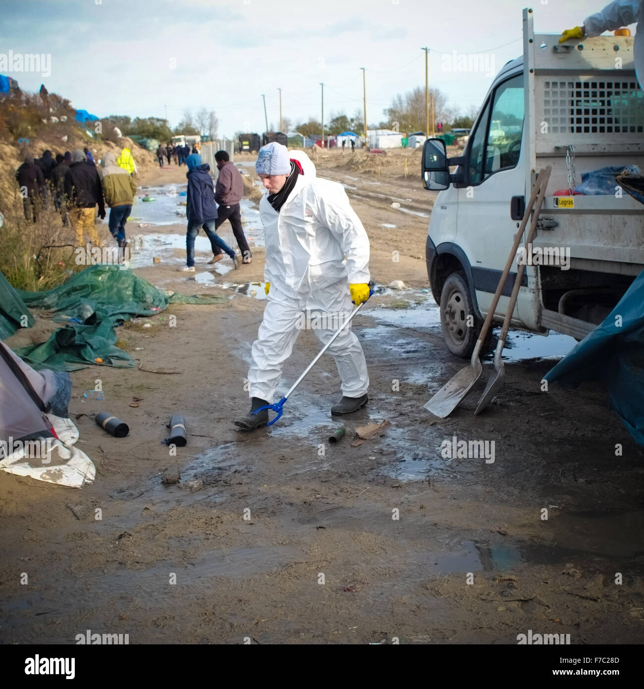 Calais, France. 28th Nov, 2015. French workers dressed in protective ...