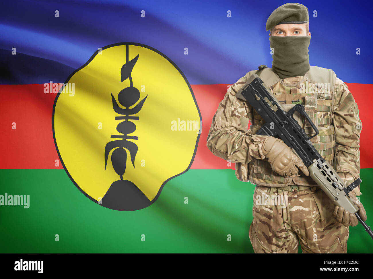 Soldier holding machine gun with national flag on background - New ...