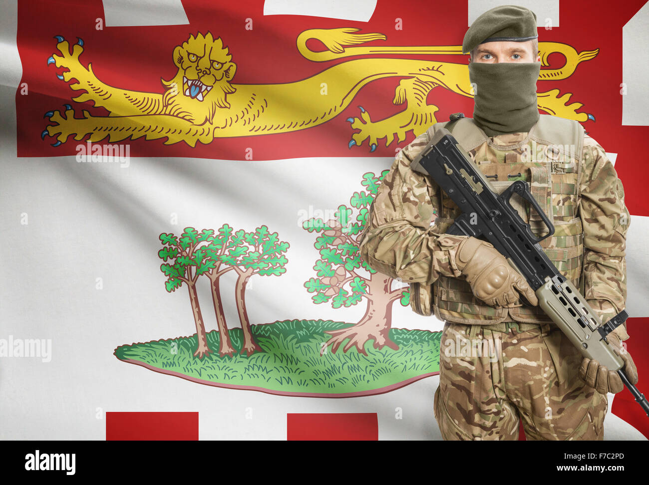 Soldier holding machine gun with Canadian province flag on background ...