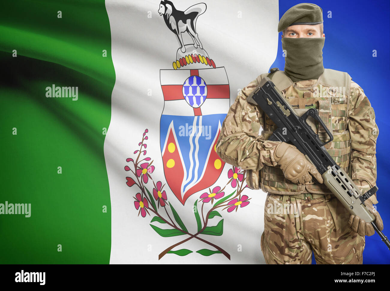 Soldier holding machine gun with Canadian province flag on background ...