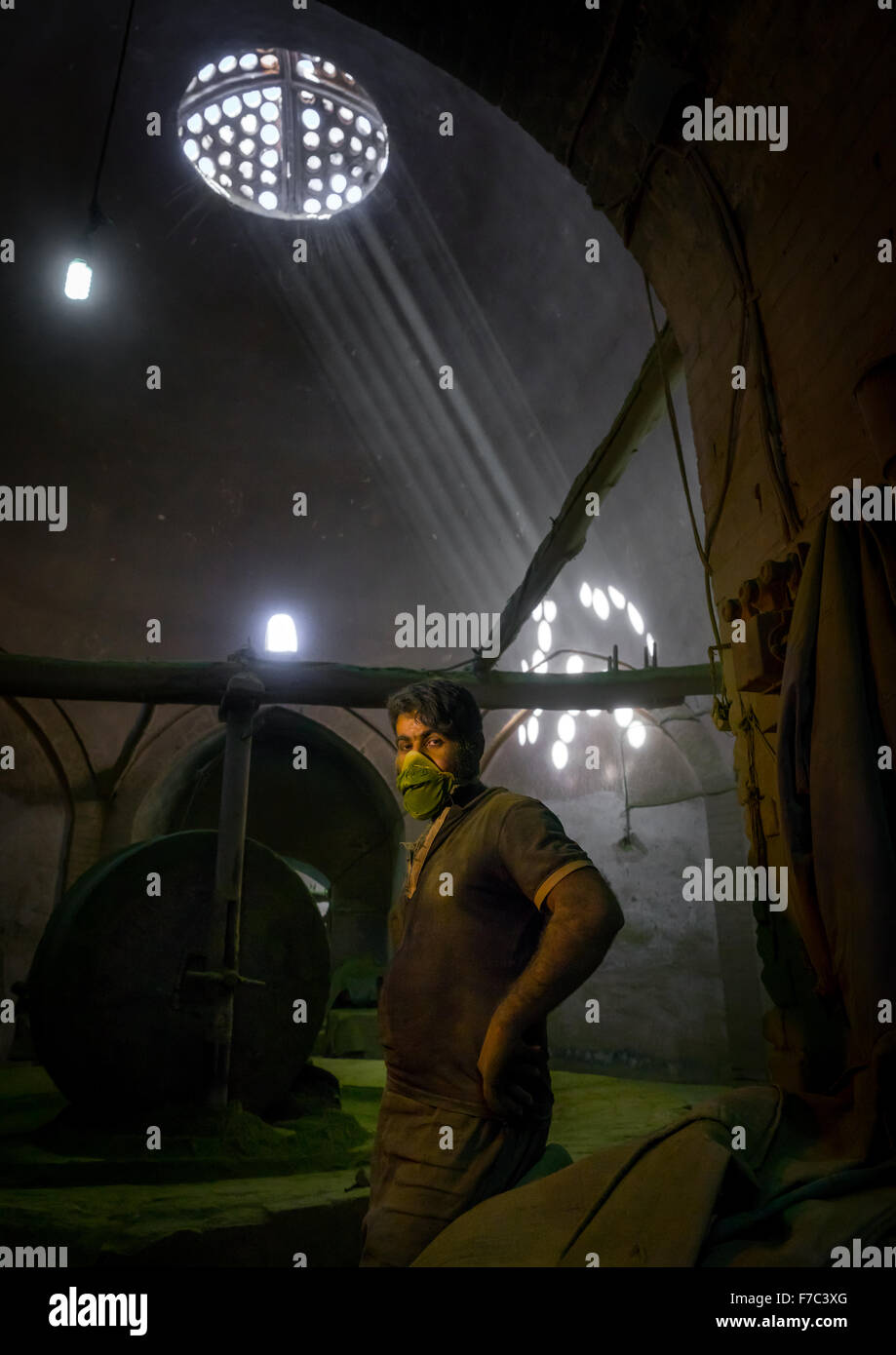 Worker With Green Dust On His Face In Traditional Henna Mill, Yazd ...