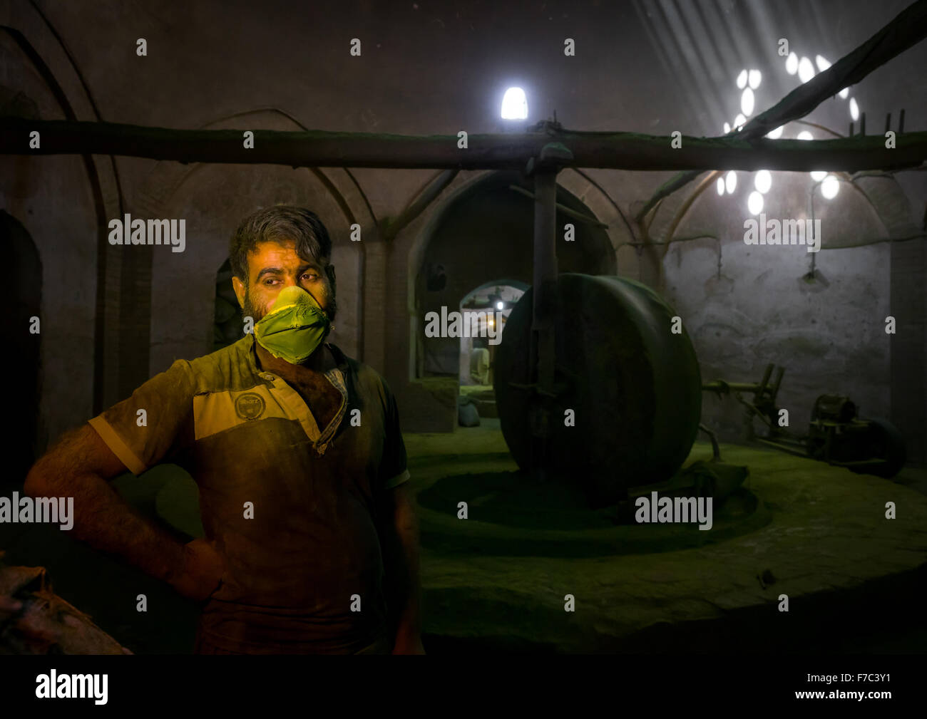 Worker With Green Dust On His Face In Traditional Henna Mill, Yazd ...