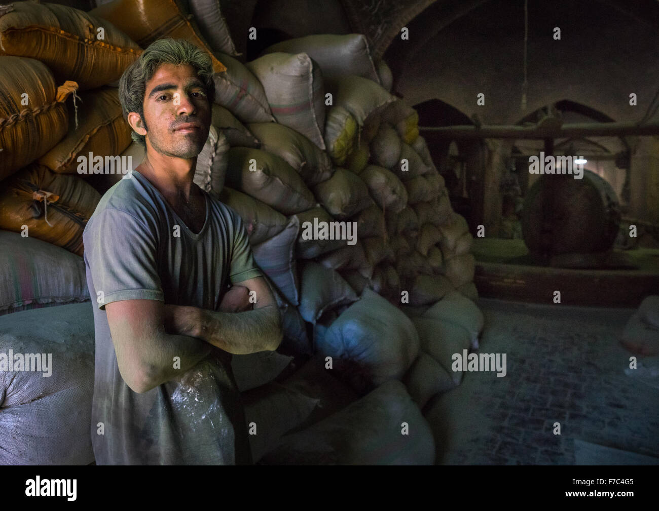 Worker With Green Dust On His Face In Traditional Henna Mill, Yazd ...