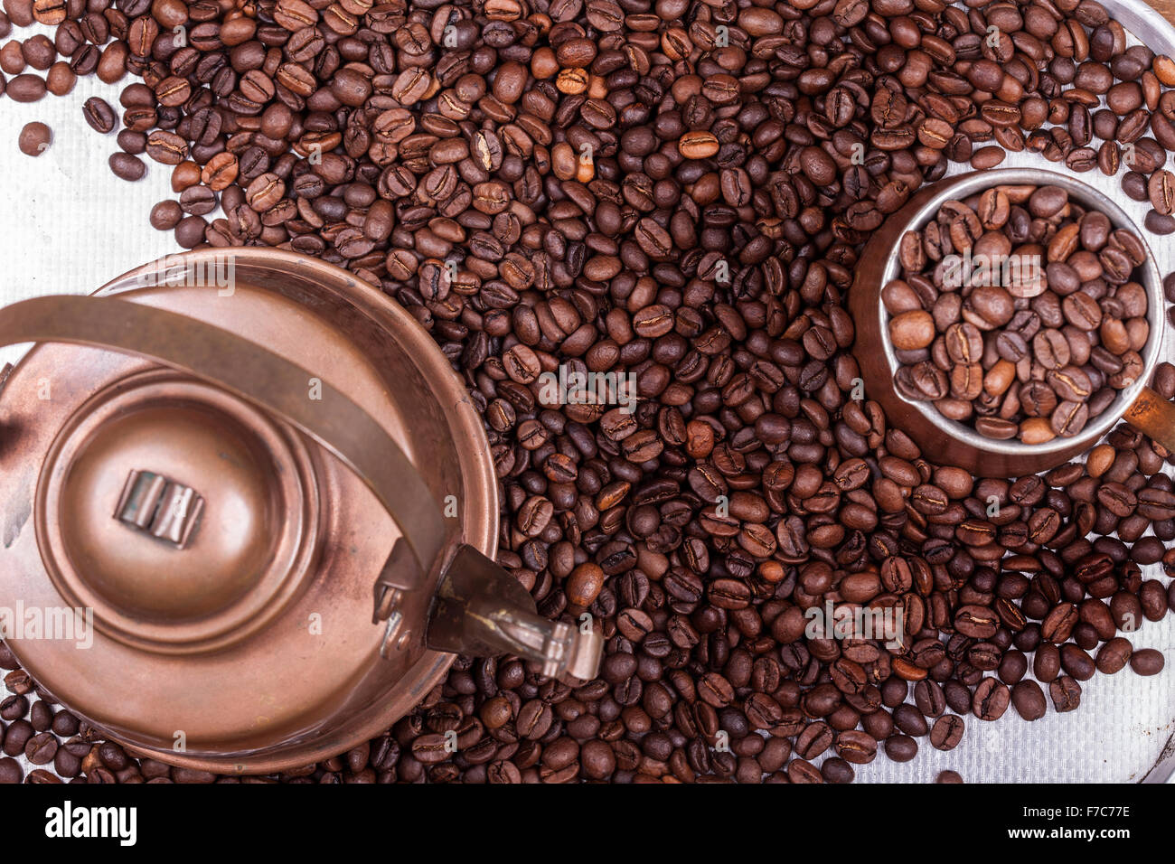 cezve or ibrik and vintage kettle top view background Stock Photo - Alamy