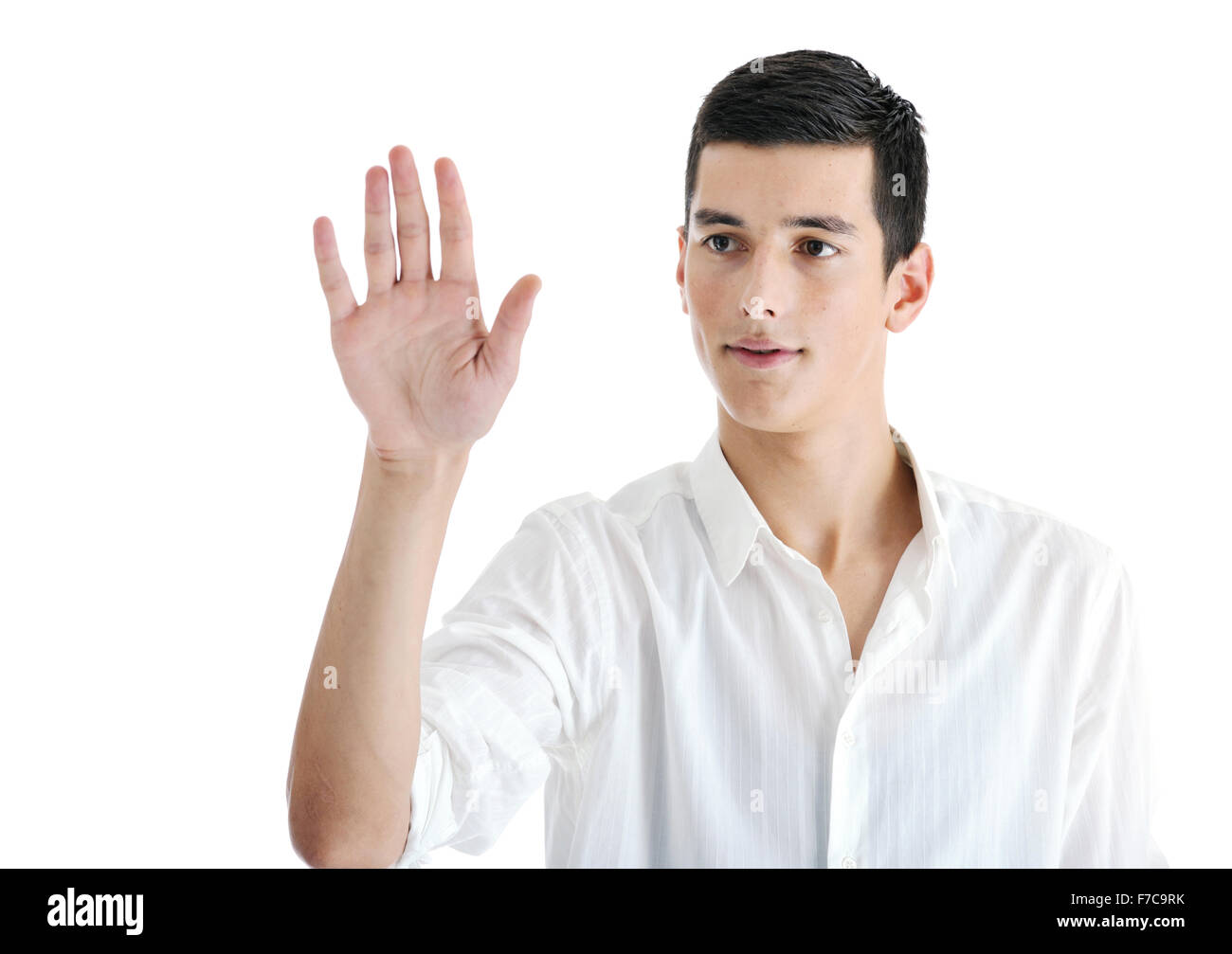personal security concept with businessman isolated on white and finger ...