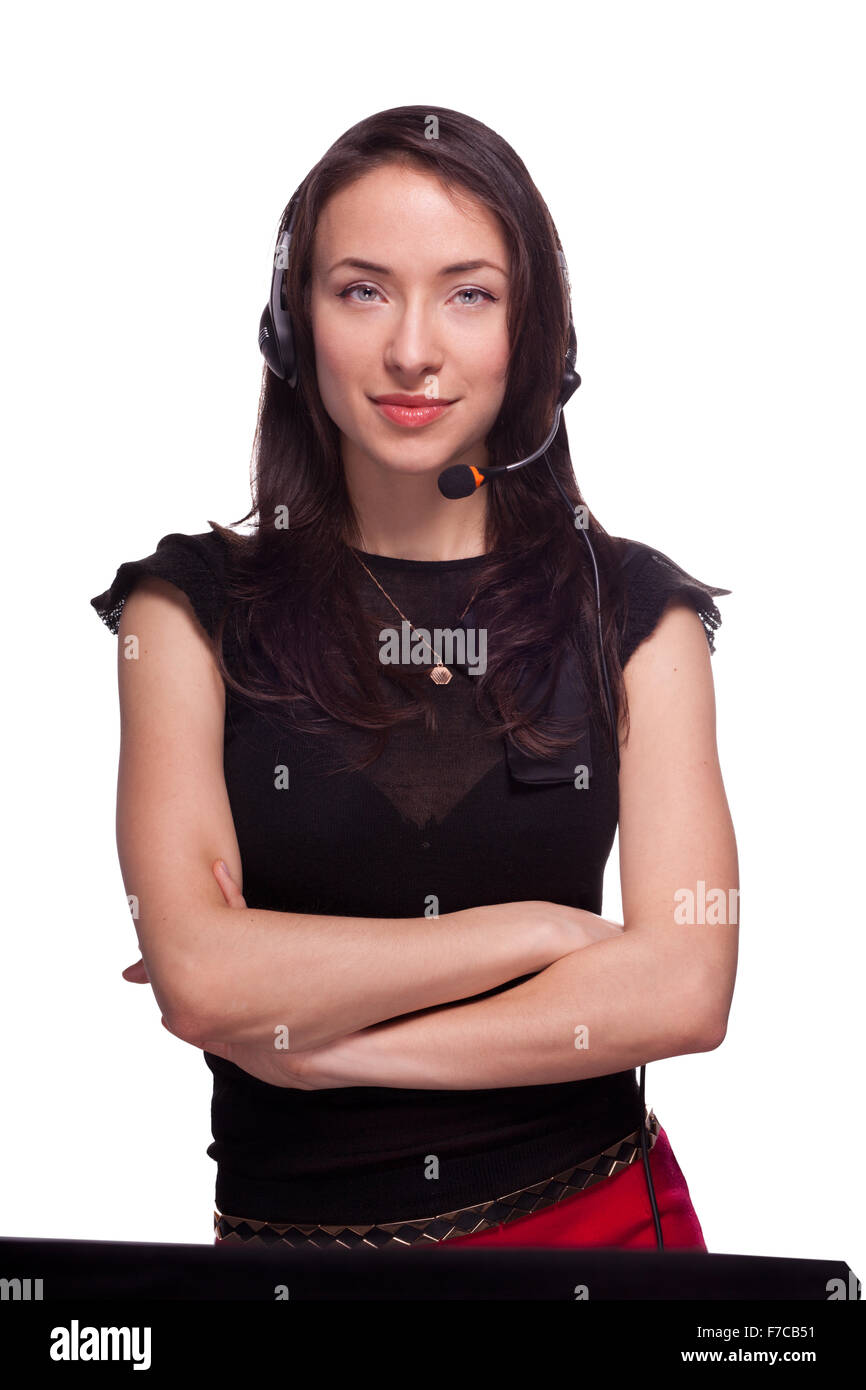 Call center support woman with headset Stock Photo - Alamy