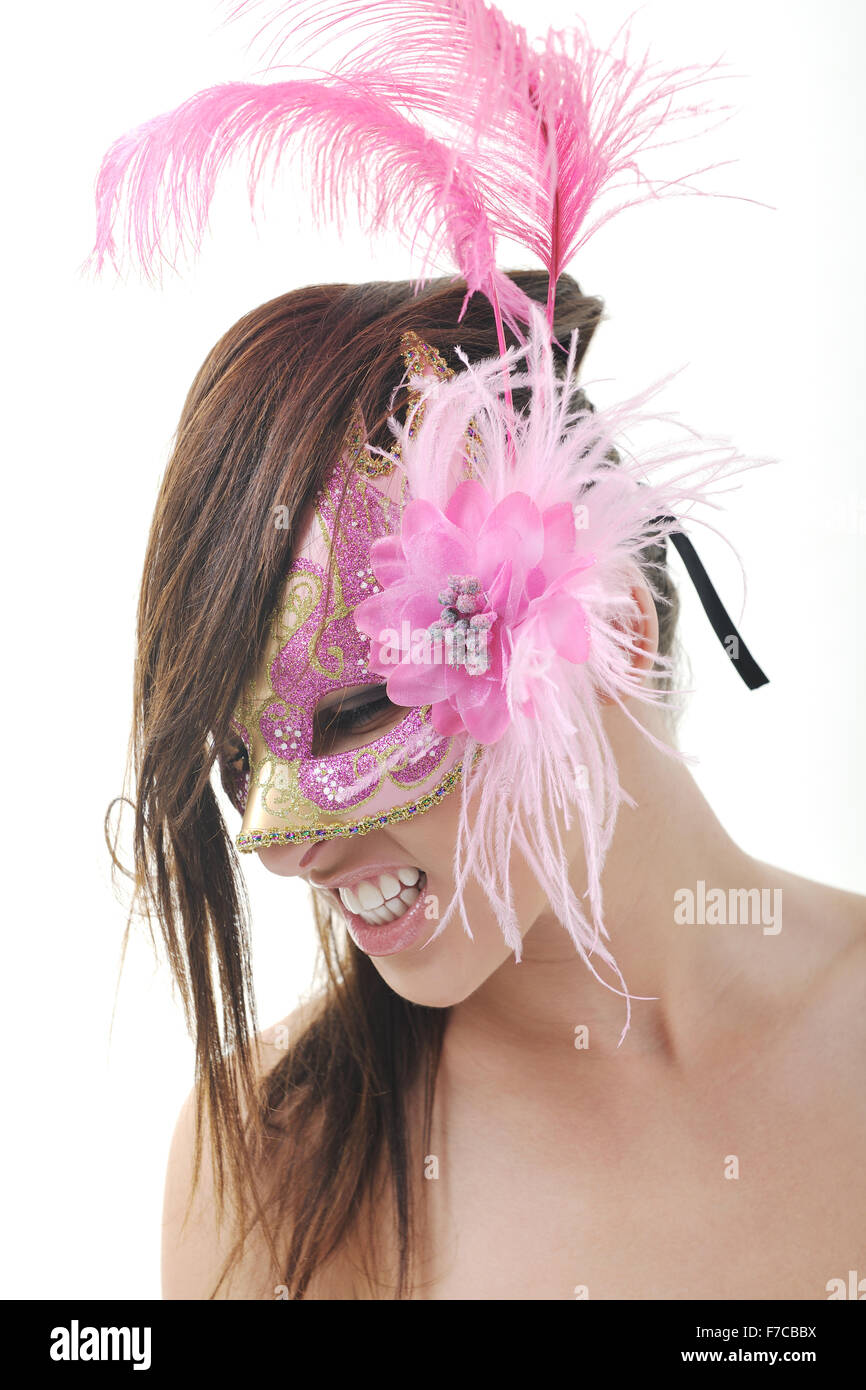 young brunete woman with italian traditional mask isolated on white ...