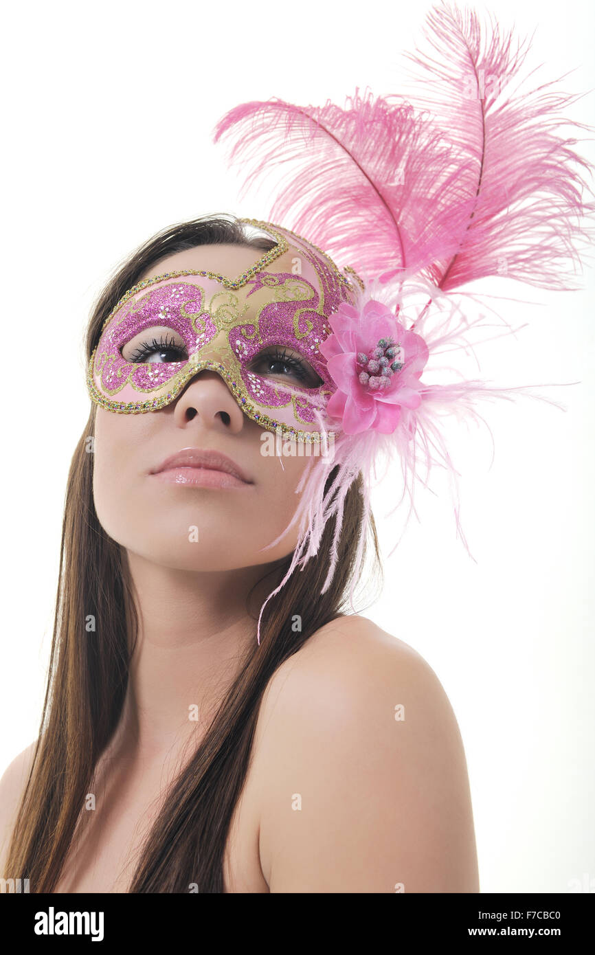 young brunete woman with italian traditional mask isolated on white ...