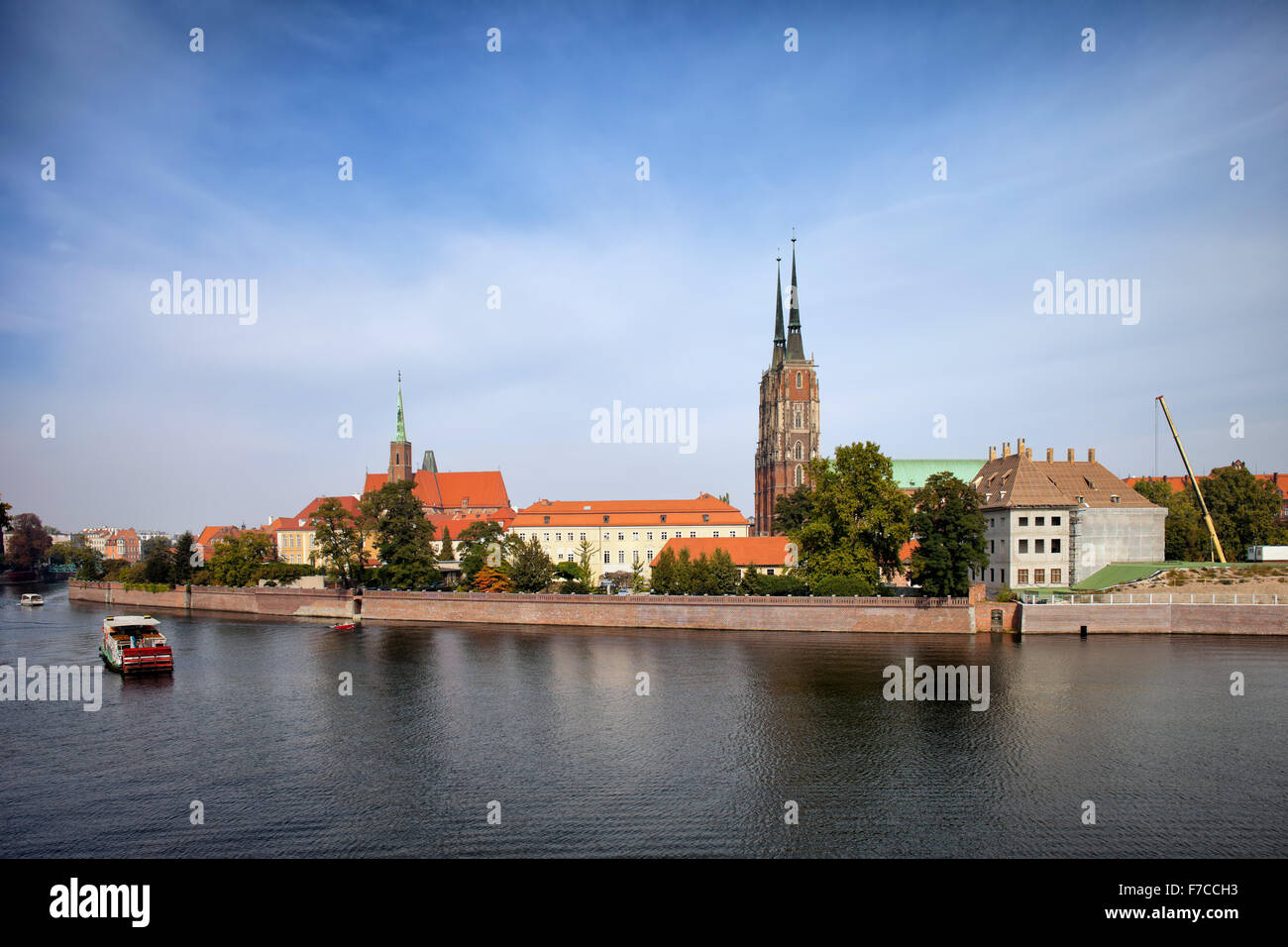Poland, city of Wroclaw, Ostrow Tumski skyline at Odra (Oder) river ...
