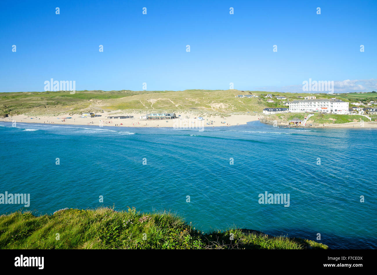 High tide at Perranporth in Cornwall, England, UK Stock Photo - Alamy