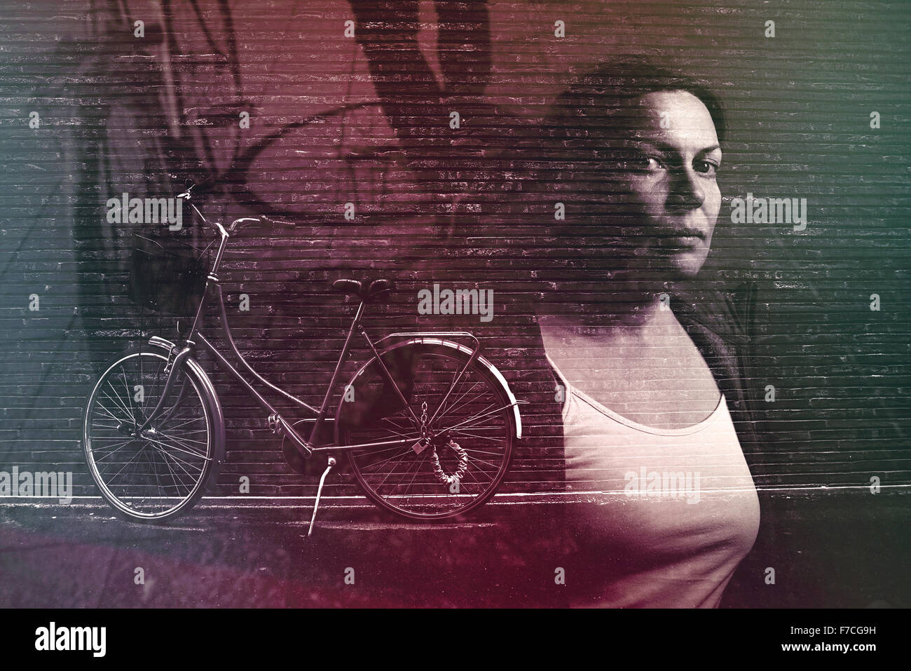 Urban biking lifestyle, multiple exposure image, retro toned Stock ...