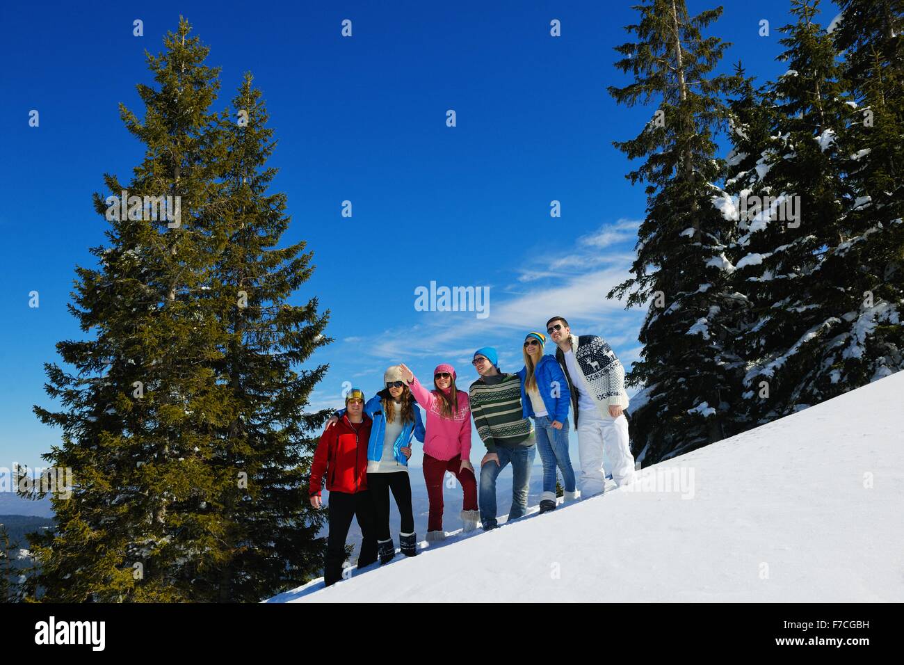 happy friends have fun at winter on fresh snow, healthy young people ...