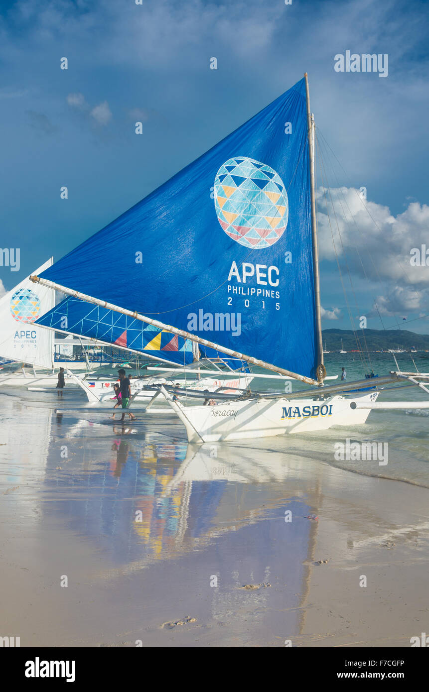 BORACAY, PHILIPPINES - MAY 20, 2015: Sailing boat with APEC sail. Asia ...