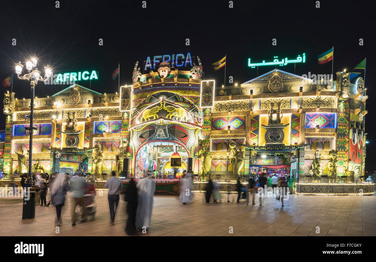 Illuminated Africa Pavilion at night at Global Village 2015 in Dubai ...