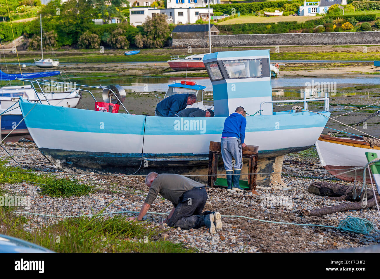Light blue boat, Le Conquet Francia Stock Photo - Alamy