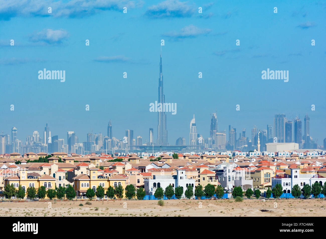 Skyline of Dubai with modern luxury villas at The Villa residential ...