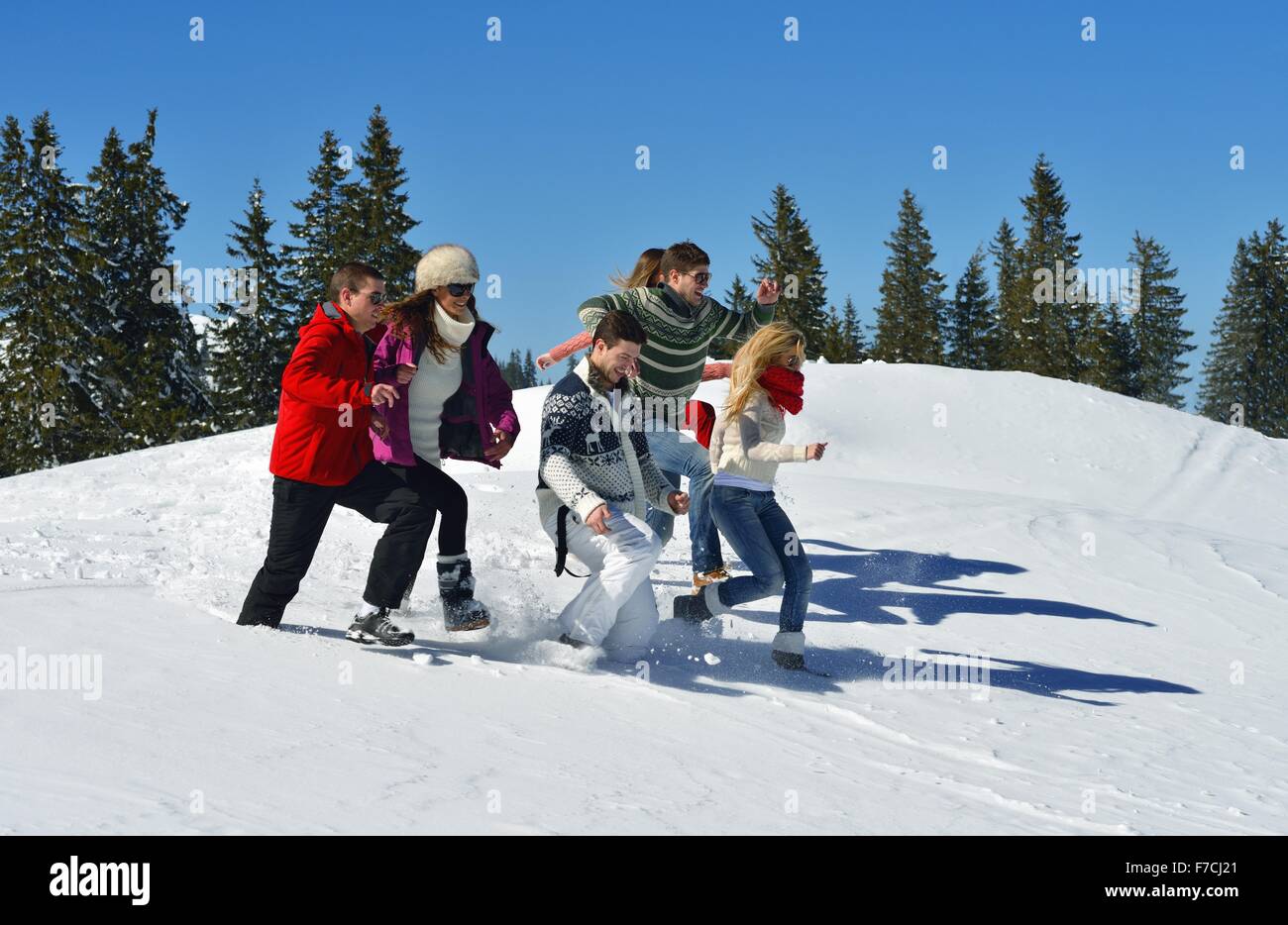 happy friends group have fun at winter on fresh snow, healthy young ...