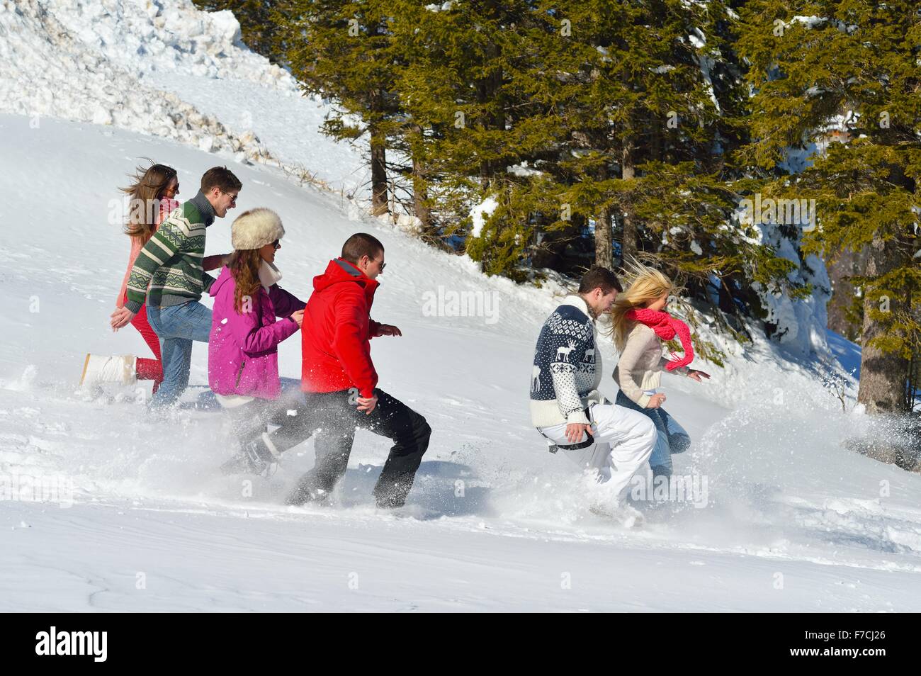 happy friends group have fun at winter on fresh snow, healthy young ...