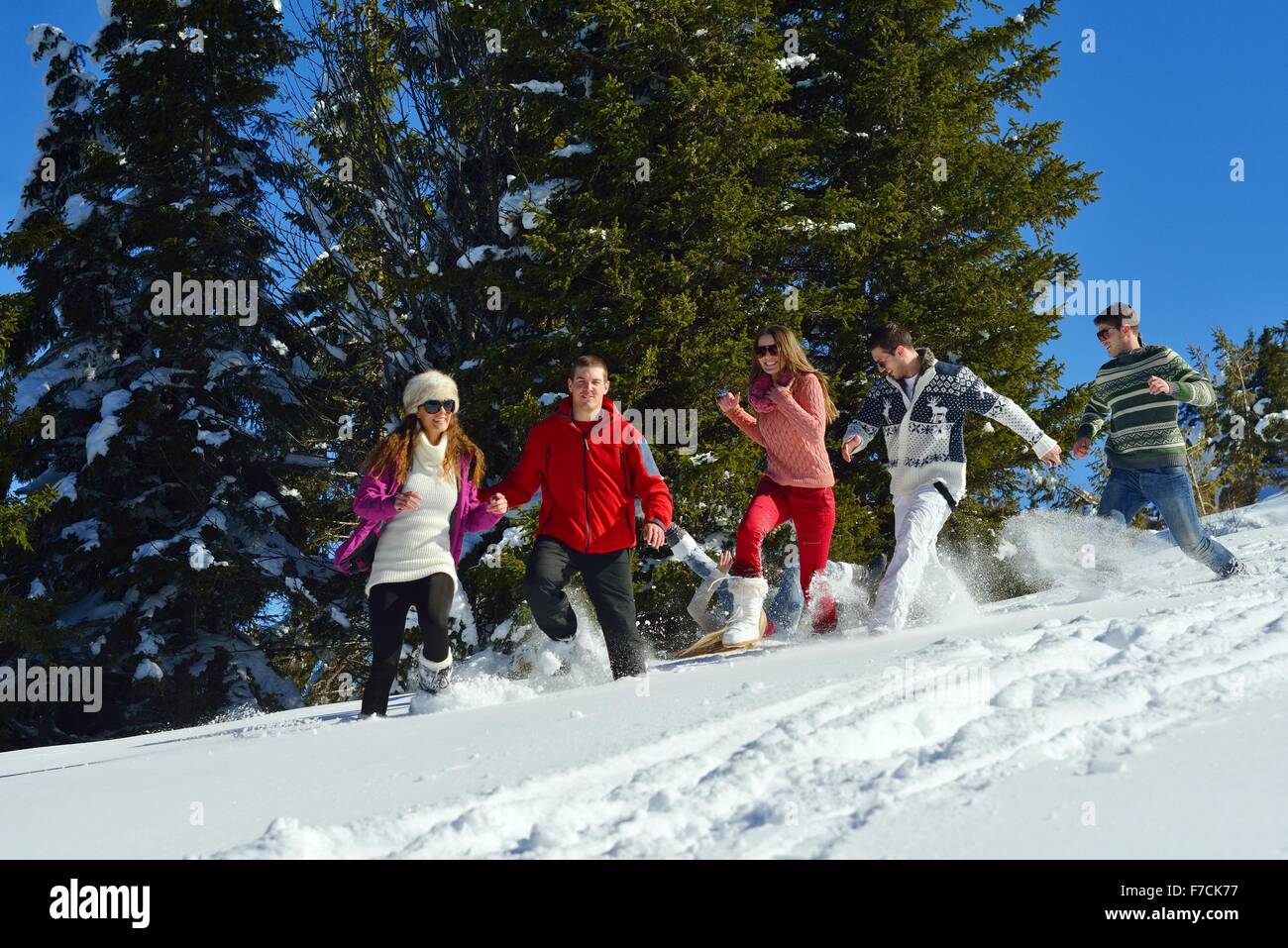 happy friends have fun at winter on fresh snow, healthy young people ...