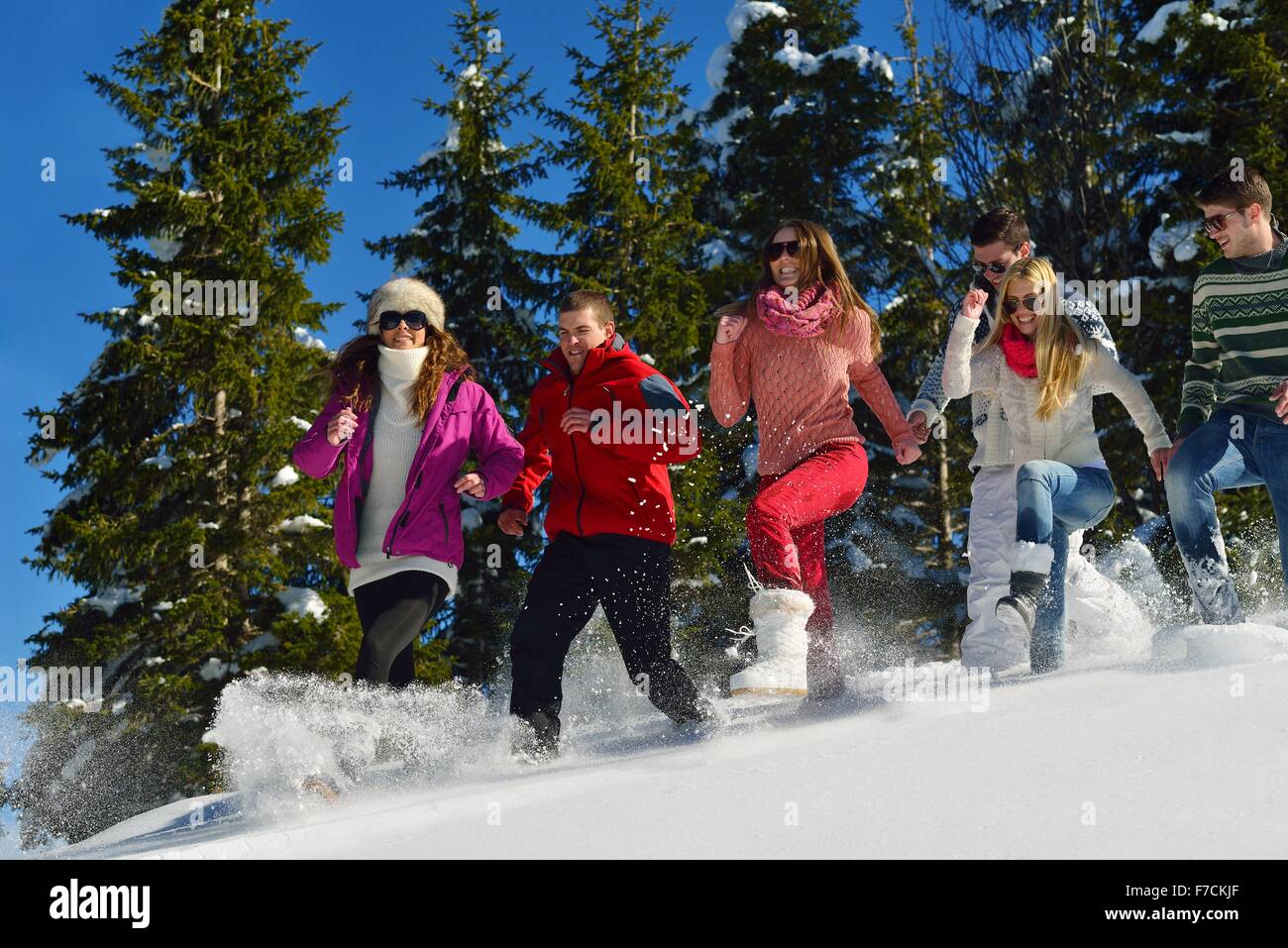 happy friends have fun at winter on fresh snow, healthy young people ...