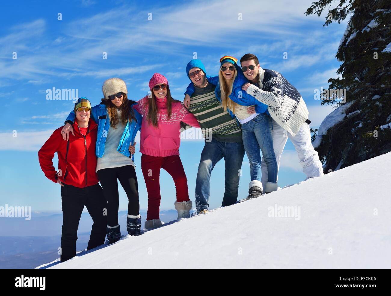 happy young people group have fun and enjoy fresh snow at beautiful ...