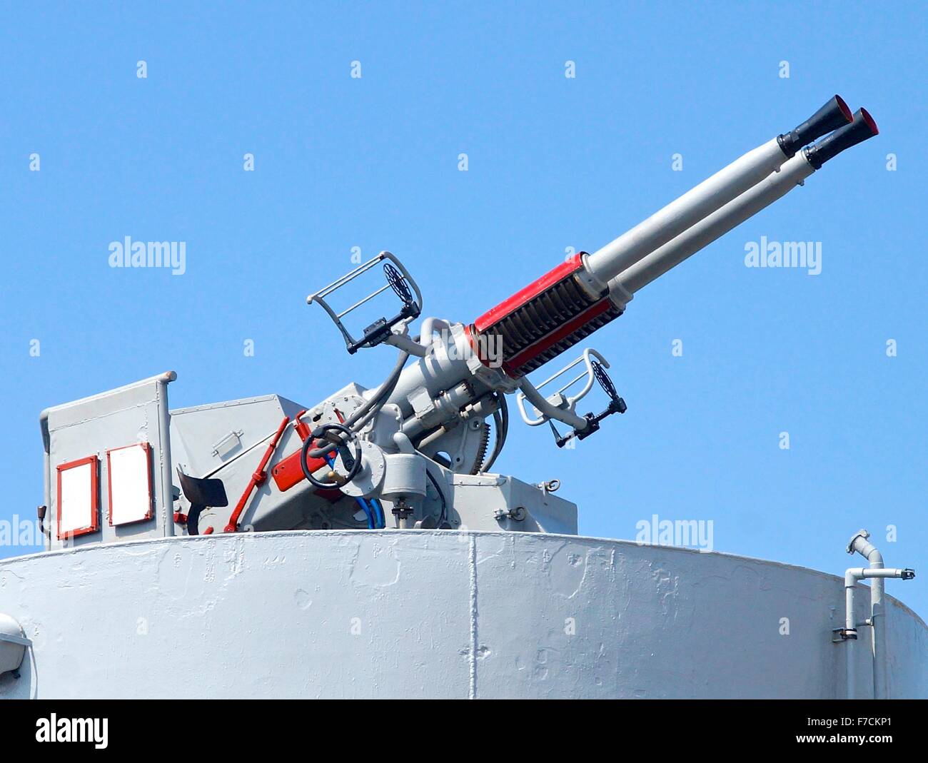 The closeup of defense cannon on the battleship Stock Photo - Alamy