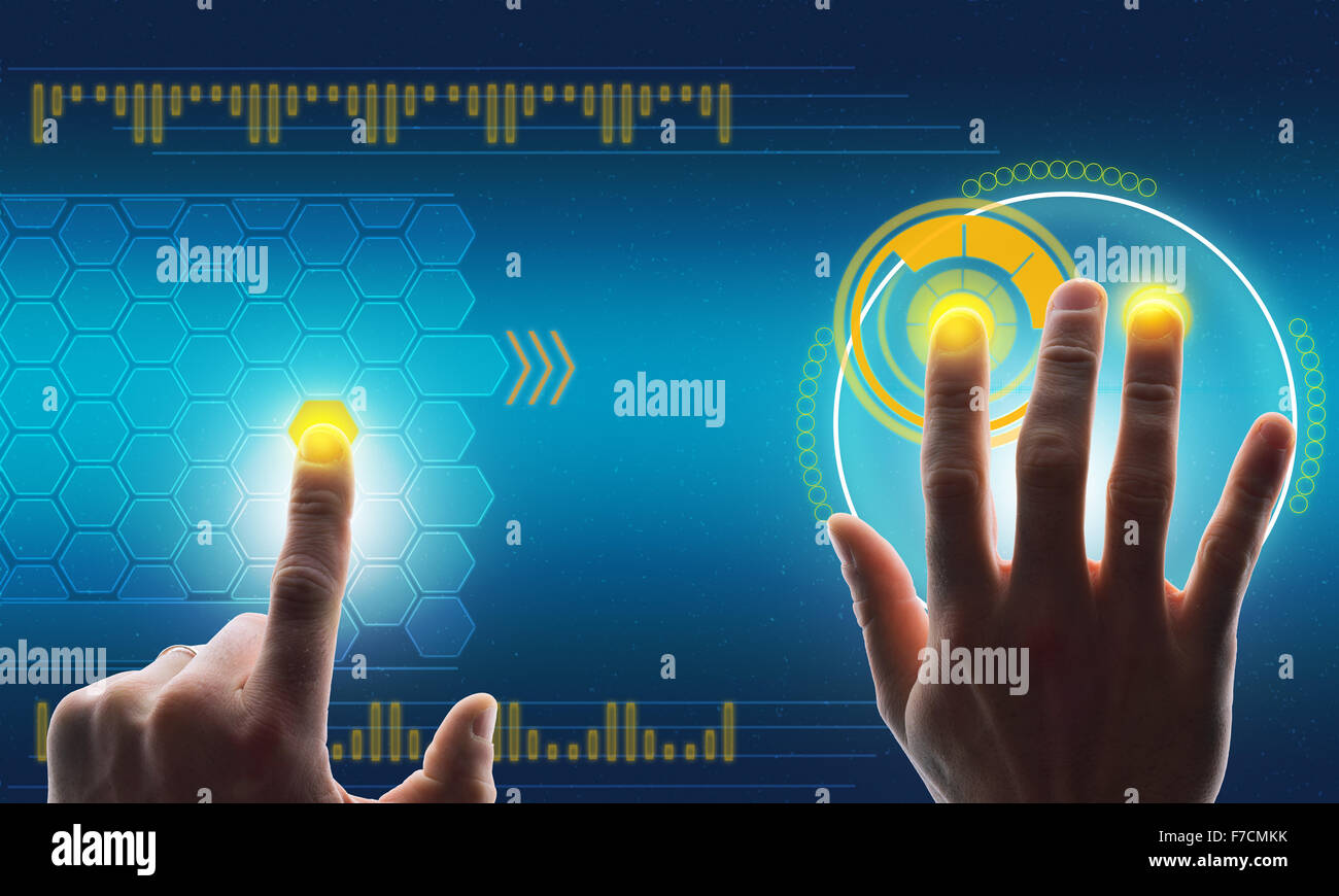 Humans hands touching blue holographic screen Stock Photo - Alamy