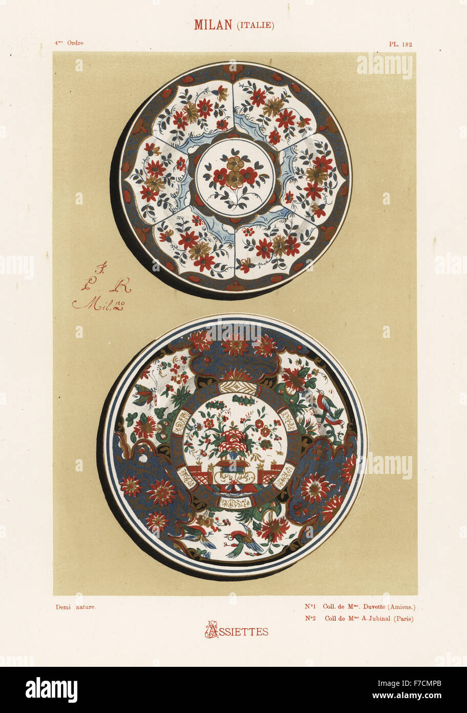 Plates from Milan, Italy, decorated with enamel flowers and birds. Hand ...