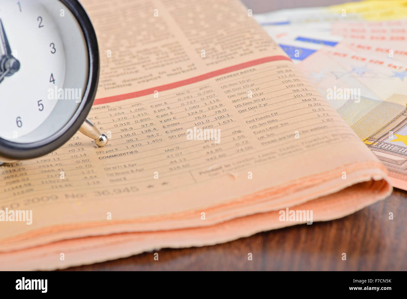 Close-up of clock, Euro banknotes and newspaper Stock Photo - Alamy
