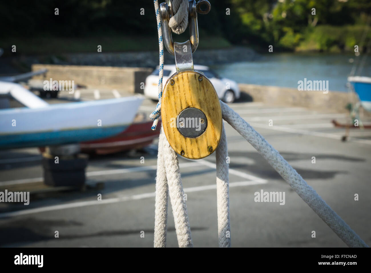 Rope and Wooden Stropped Block from Classic Boat Stock Photo - Alamy