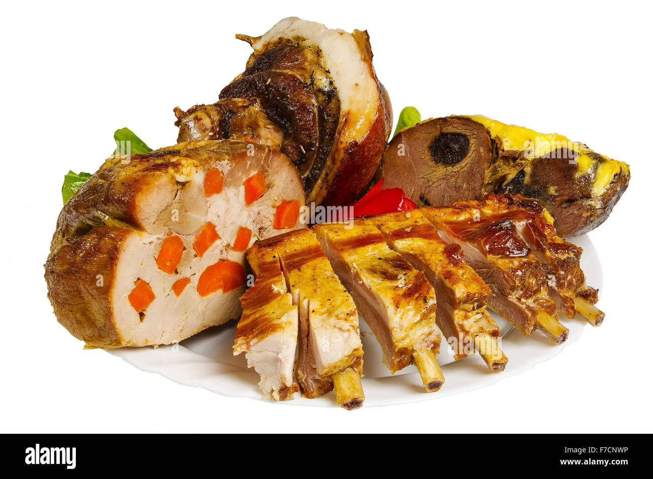 Pork and ribs of wild boar grill on the plate, isolated on white ...