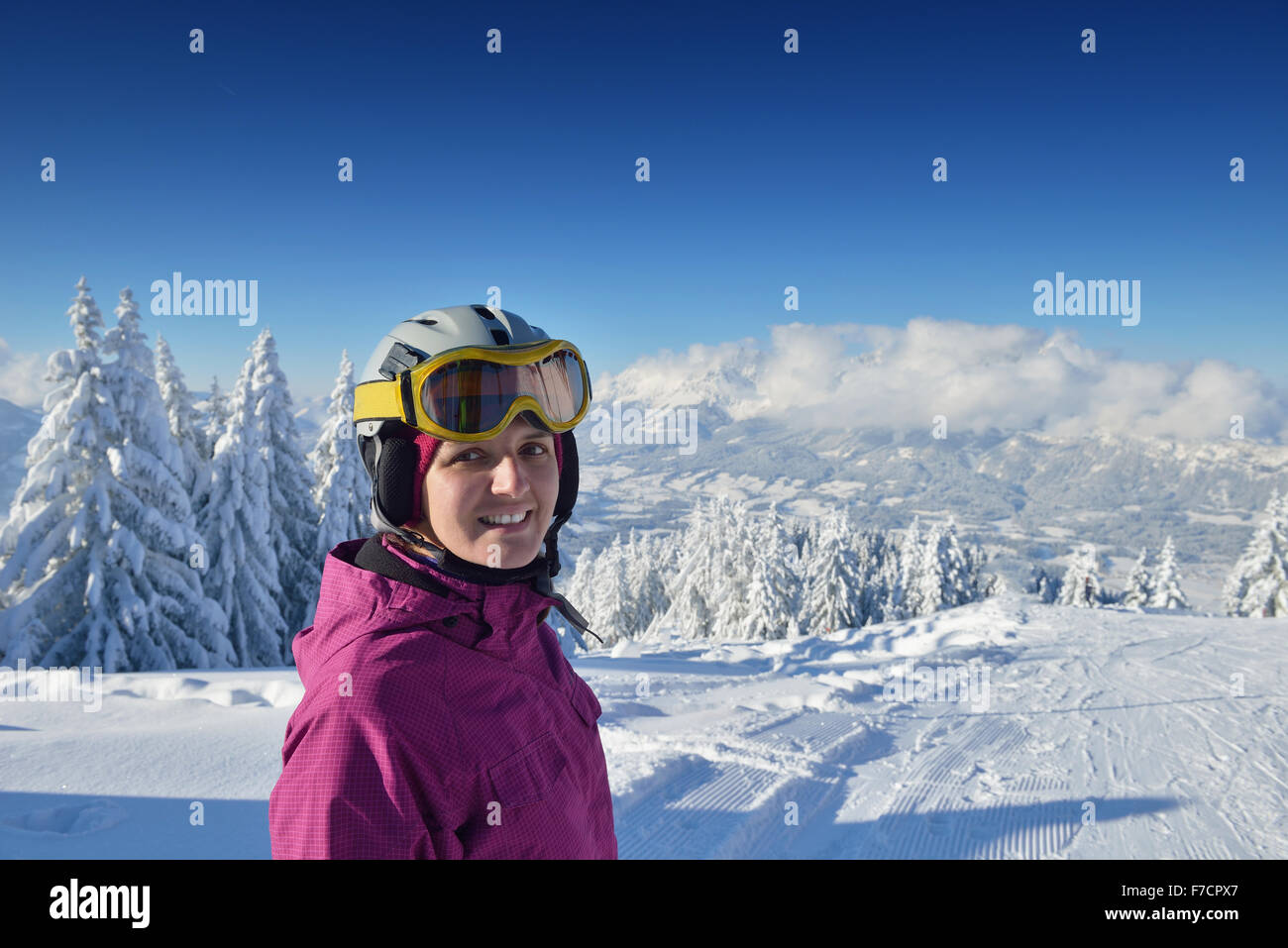 happy young ski woman at mountaint top on winter have fun Stock Photo ...