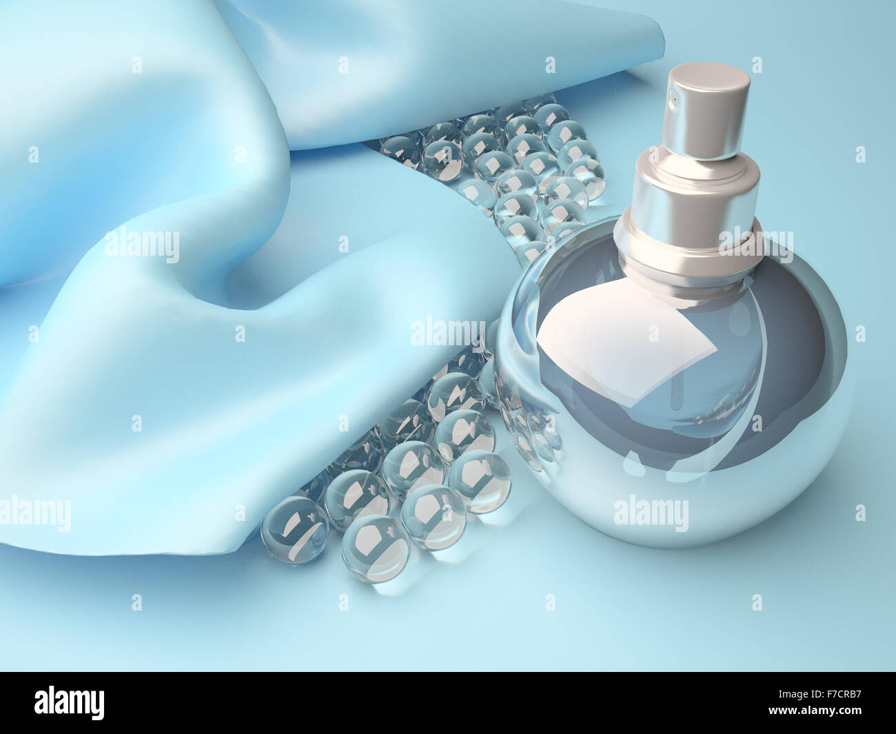 Perfume bottle and glass spheres on folds of blue silk Stock Photo - Alamy