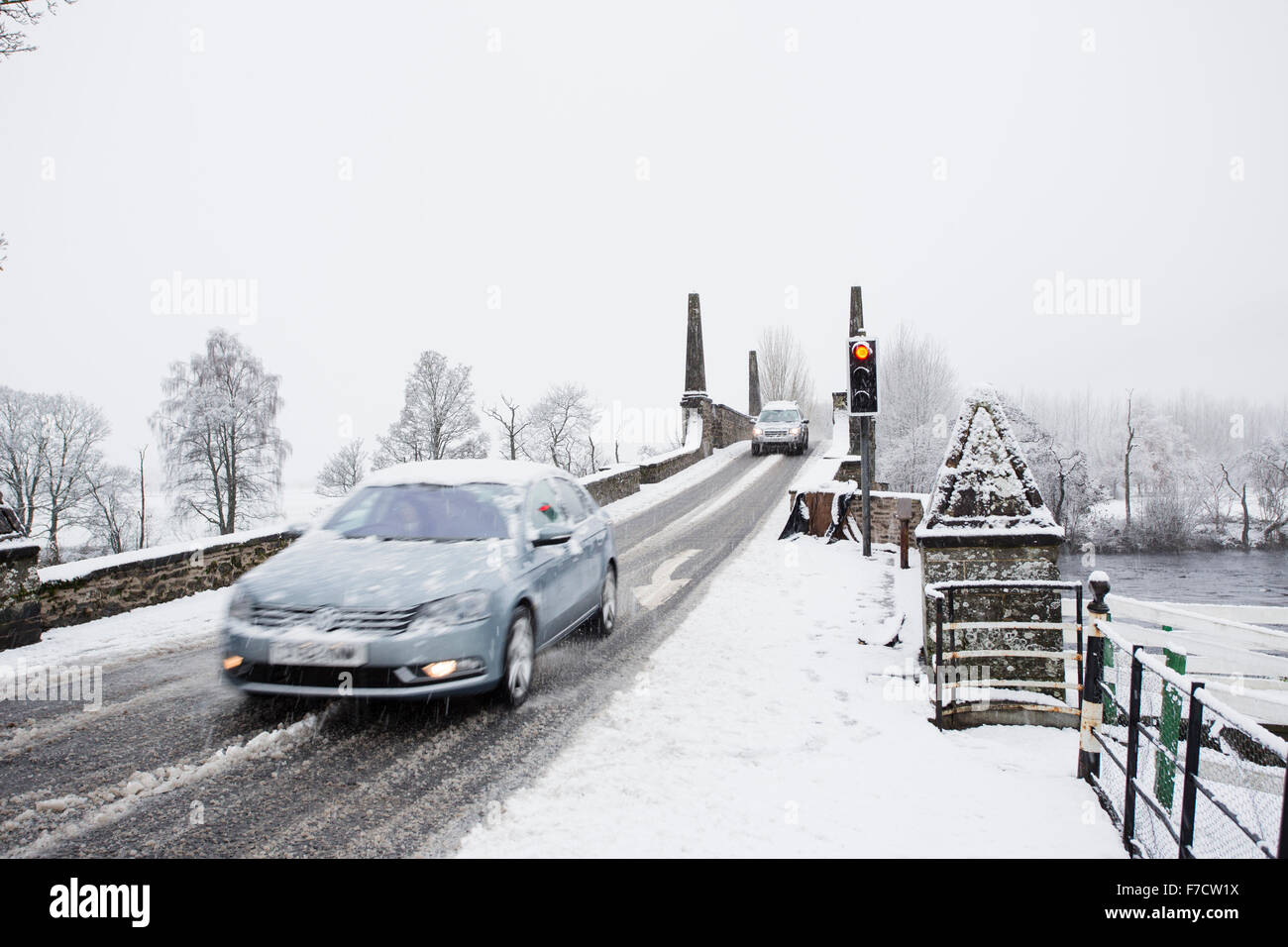 Wade Bridge crossing the River Tay during first major snow fall of the ...