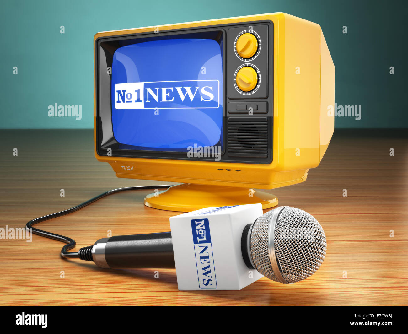 Tv news or reportage concept. Microphone and television. 3d Stock Photo ...