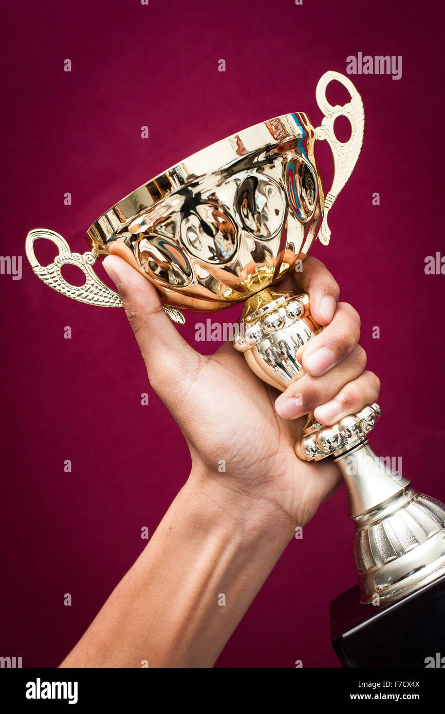 Hand holding winner trophy cup hi-res stock photography and images - Alamy
