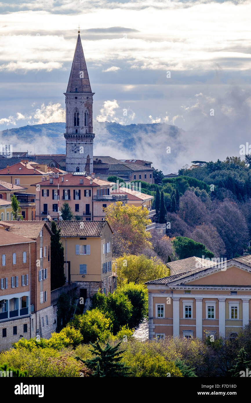 View from Perugia hill top town in Umbria Italy trees in foreground ...