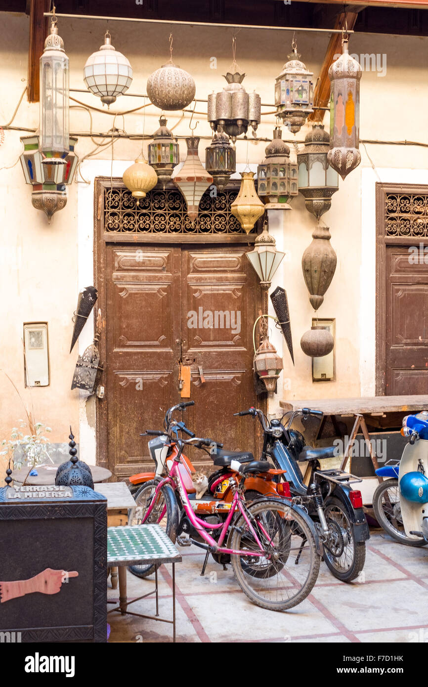 Stall selling lamps and lights in the souk, in Marrakech, Morocco Stock ...