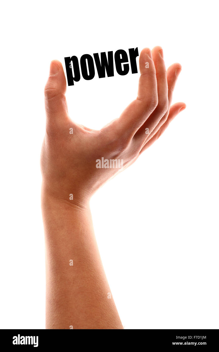 Color vertical shot of a of a hand squeezing the word "power Stock ...