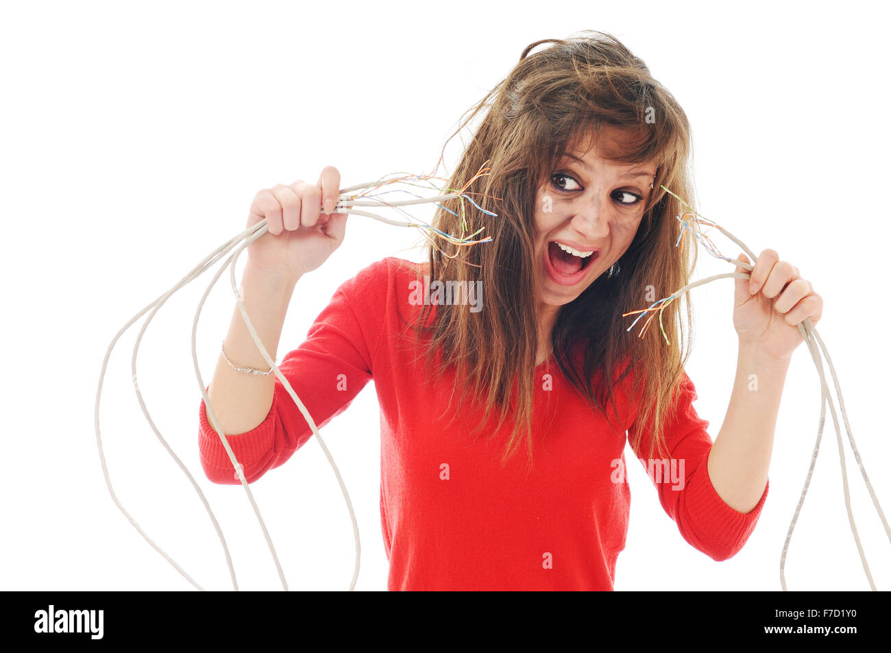 young woman with dark face electrical explosion shock concept connect ...