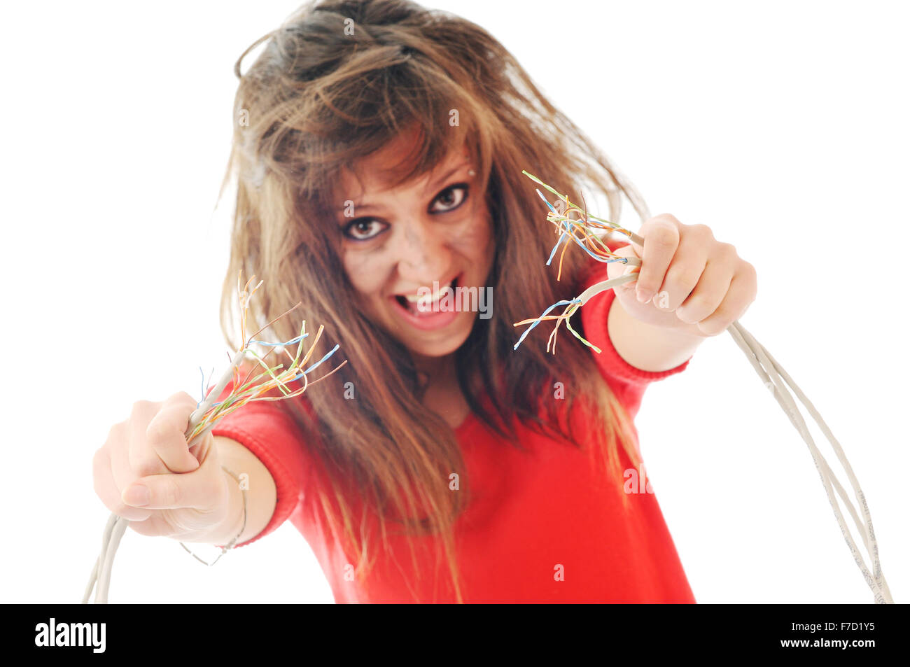 young woman with dark face electrical explosion shock concept connect ...