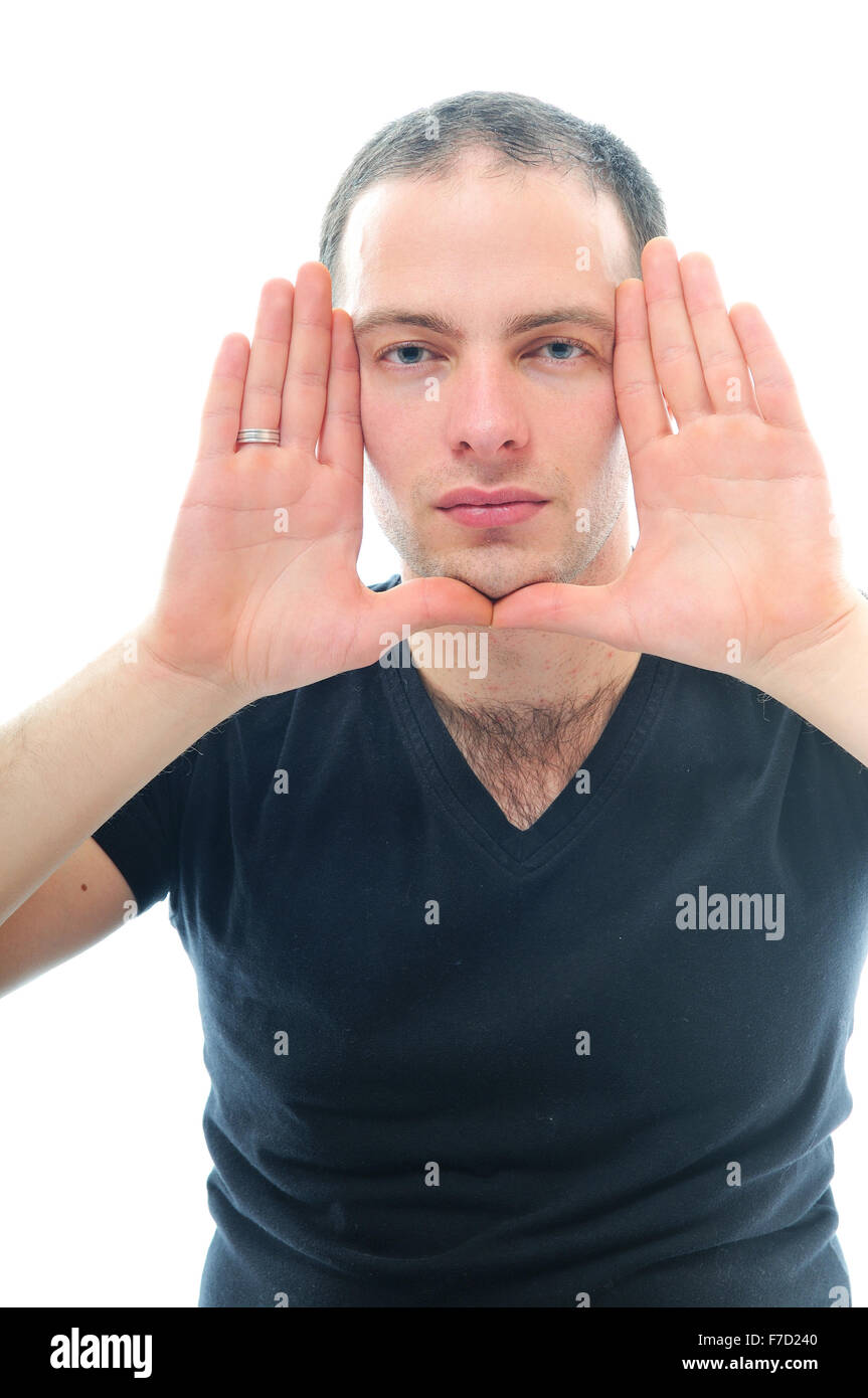 one young man isolated face frame hand hold see view Stock Photo - Alamy