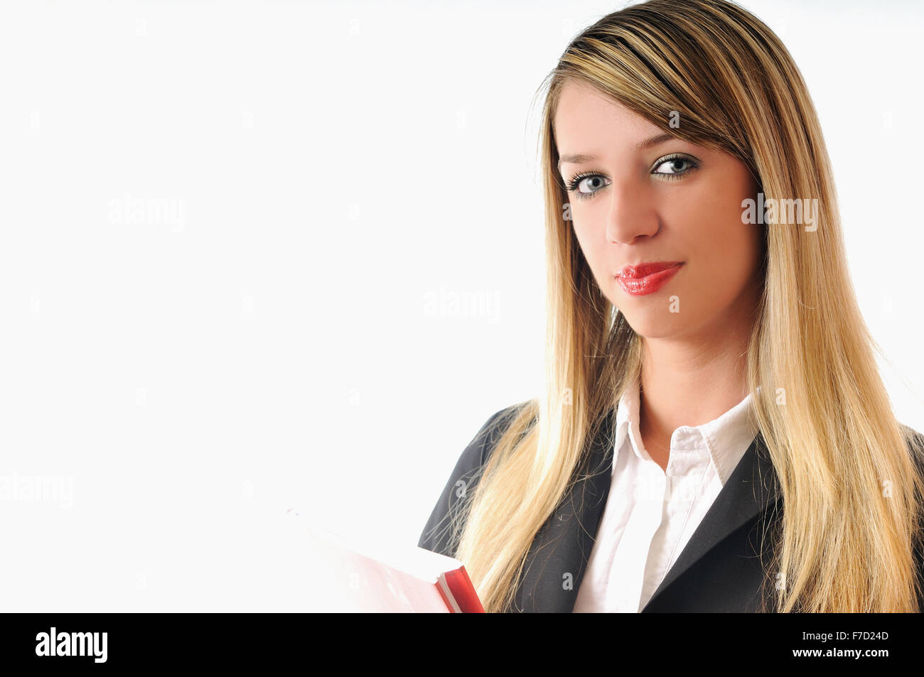 one young business woman with pen isolated on white background Stock ...