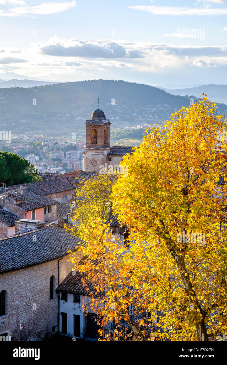 View from Perugia hill top town in Umbria Italy trees in foreground ...