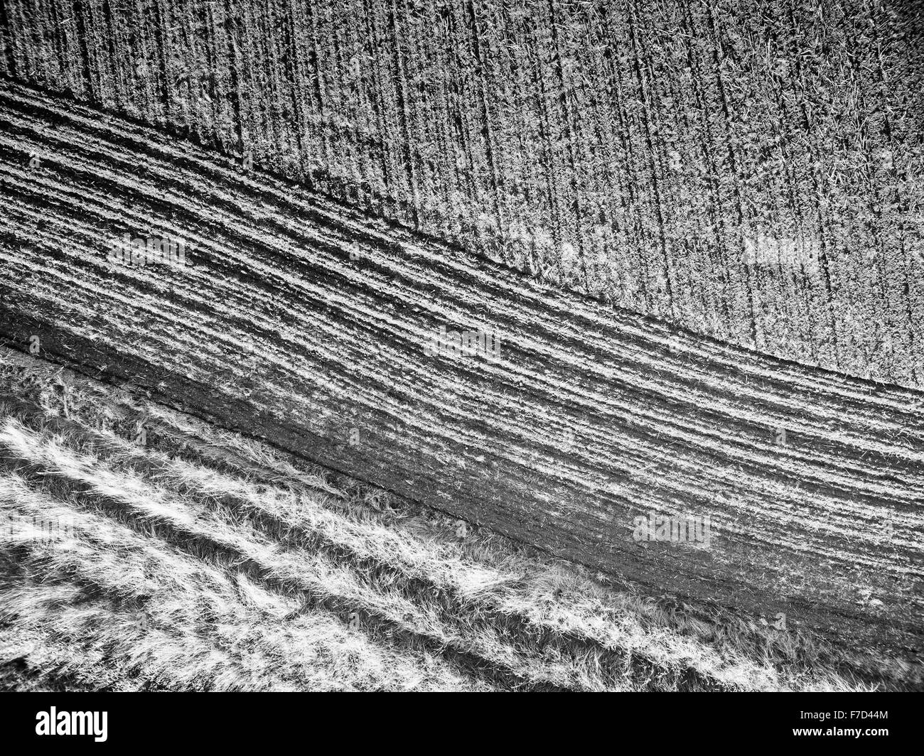 Aerial photo looking down on ploughed field with linear pattern Stock ...