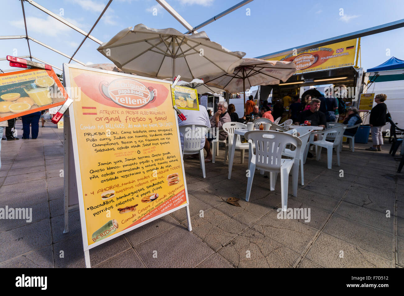 Sign in a Spanish tourist resort market stall advertising Spanish food ...
