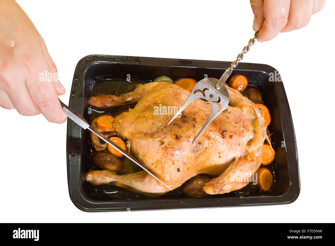 Closeup of cook hands with baked chicken on roasting pan Stock Photo ...