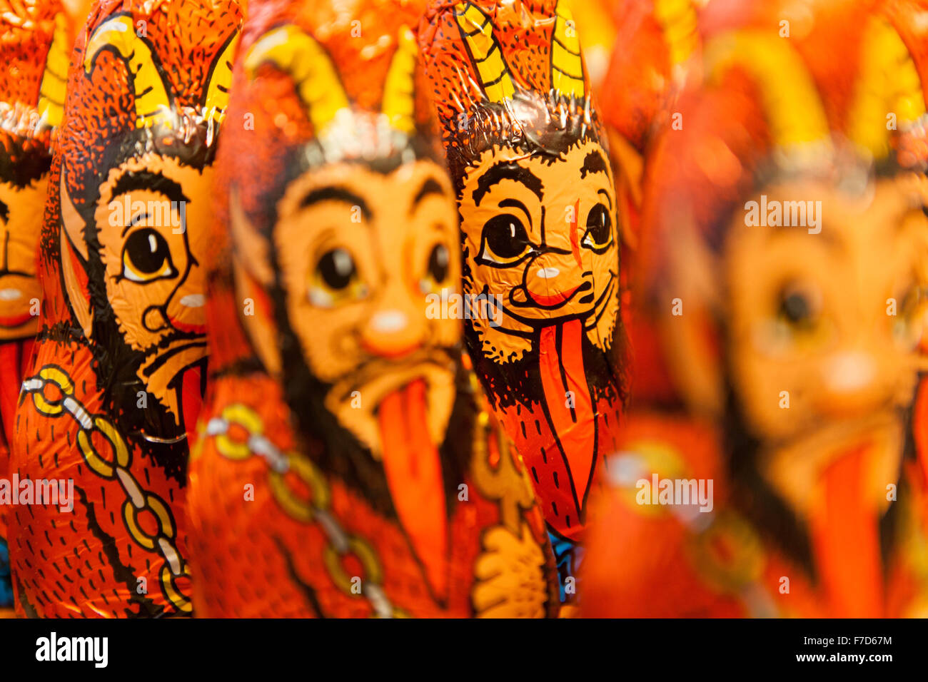Chocolate figures of Devils displayed in a Supermarket shelf Stock ...