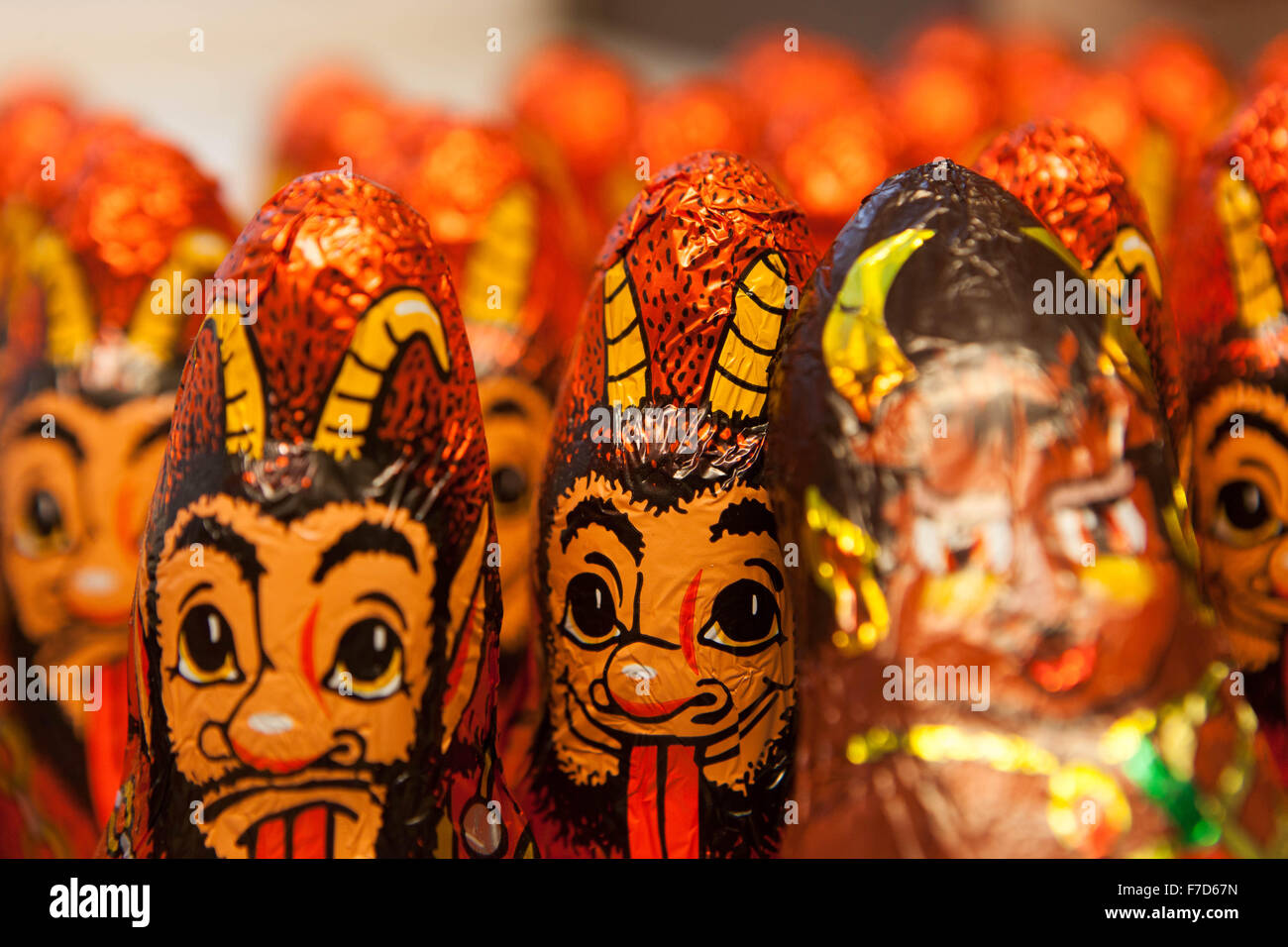 Chocolate figures of Devils displayed in a Supermarket shelf Stock ...