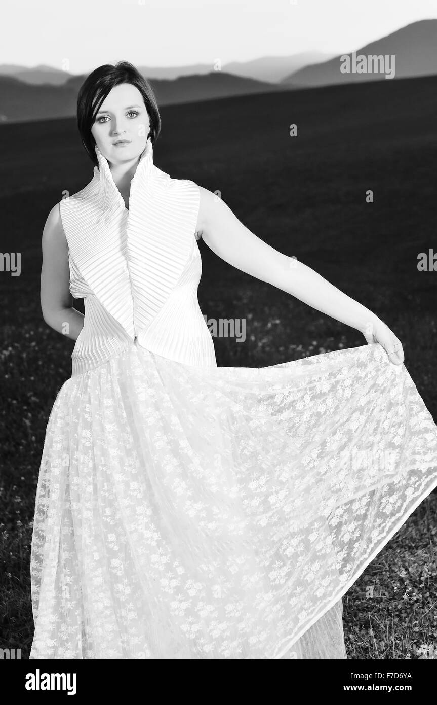 happy young beautiful bride after wedding ceremony event have fun on ...